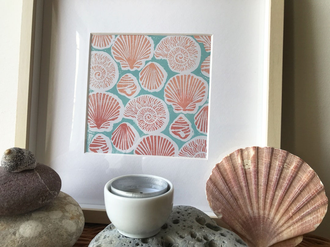 Linocut Original Handprint Frameable Greeting Card | Seashells ...