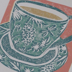 Tea Time Original Linocut Handprint | Cup and Saucer | Limited Edition ...