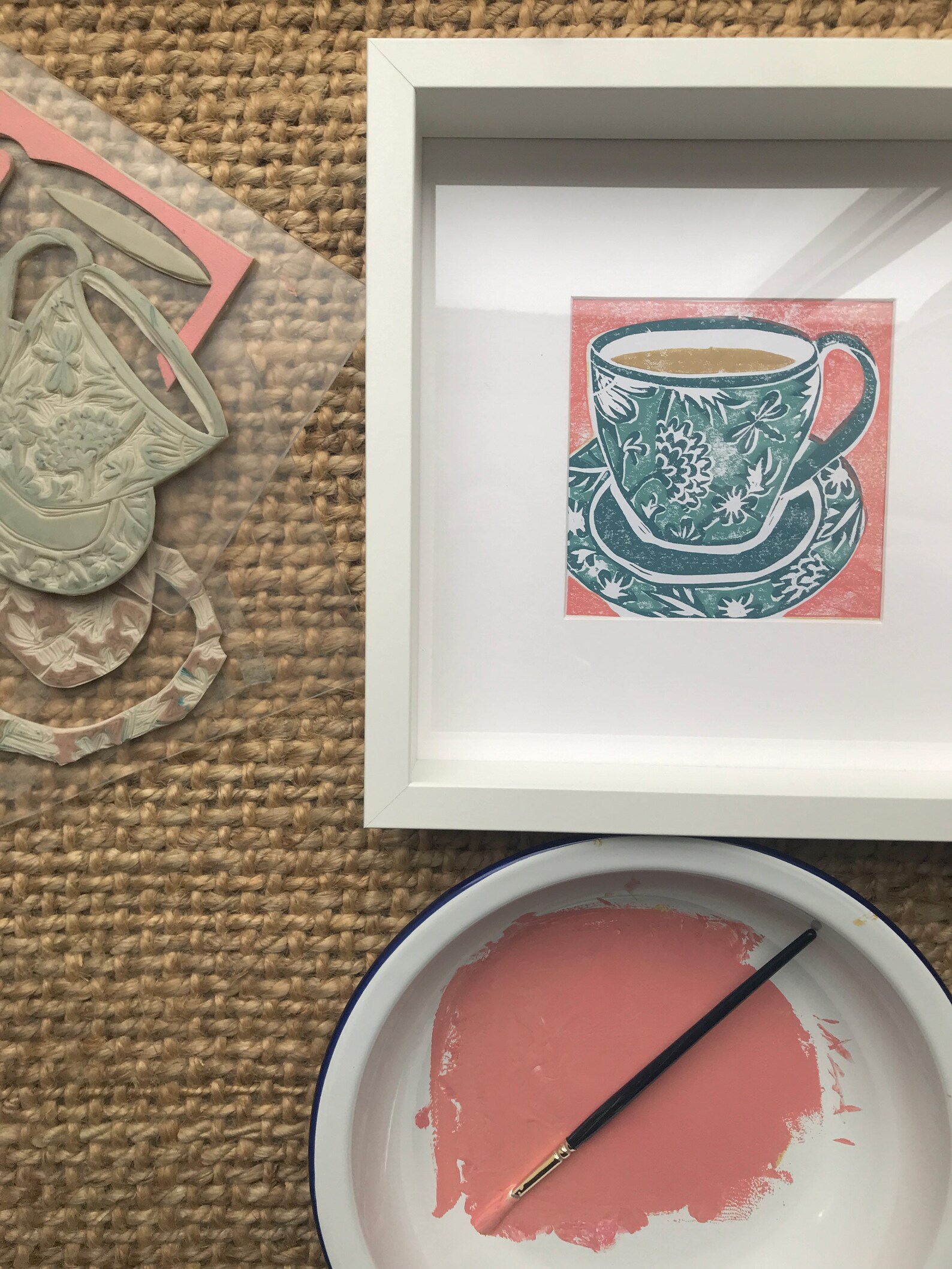 Tea Time Original Linocut Handprint | Cup and Saucer | Limited Edition ...