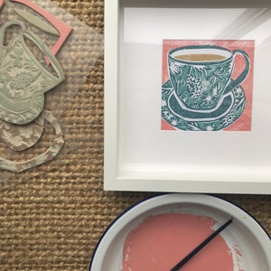 Tea Time Original Linocut Handprint | Cup and Saucer | Limited Edition ...