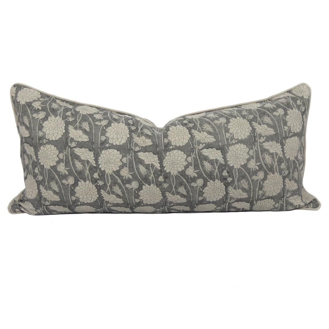 Woodblock Printed Linen Lumbar Cushions. Dahlia & Beetles in - Etsy