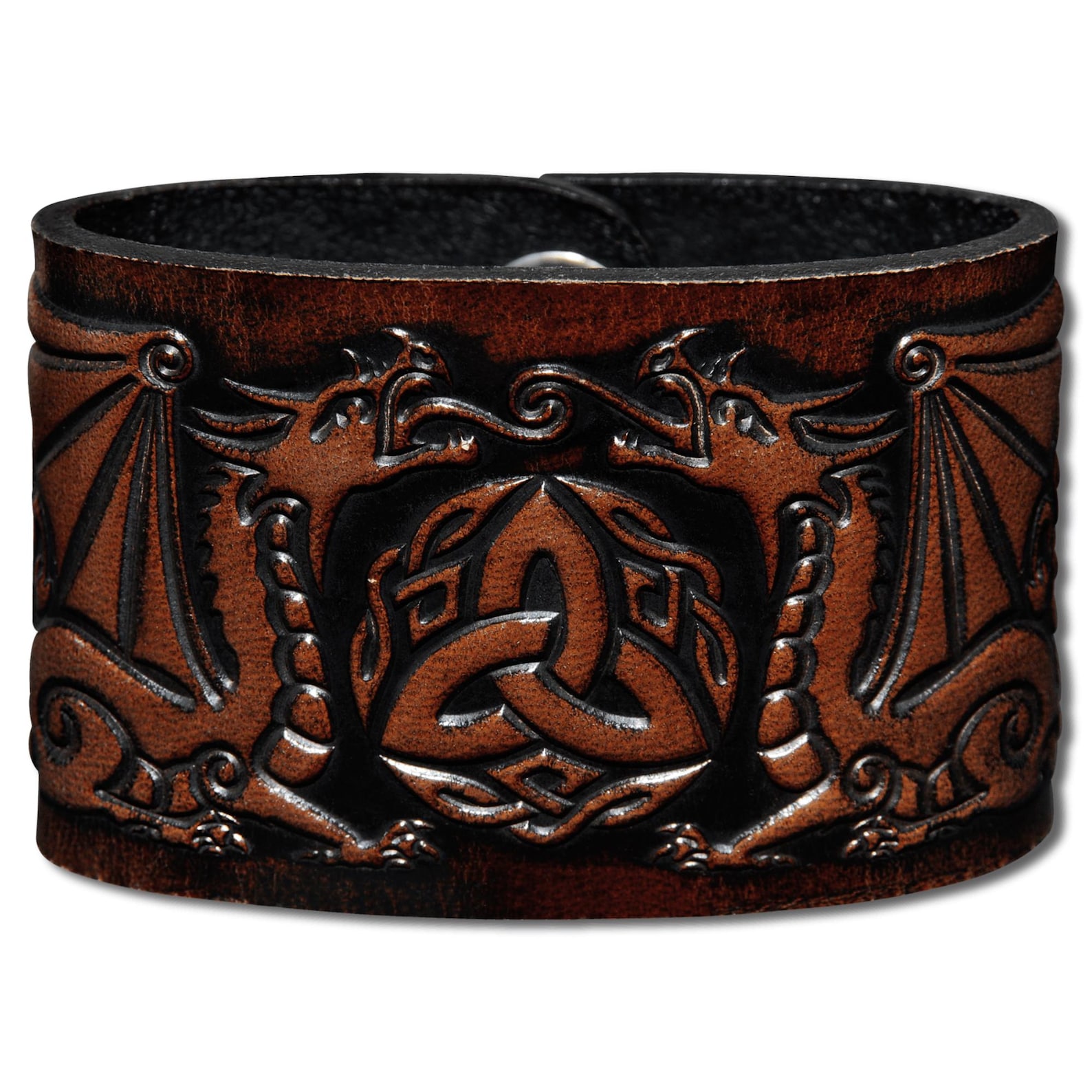 Celtic Leather Bracelet Wristband Cuff Embossed 48mm Celtic Dragons ...