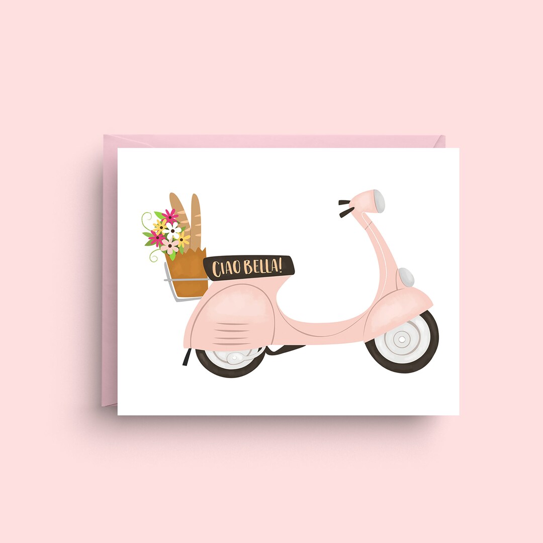 Ciao Bella Vespa Scooter Card, Italian-inspired Notecard, A2 Pink Moped ...