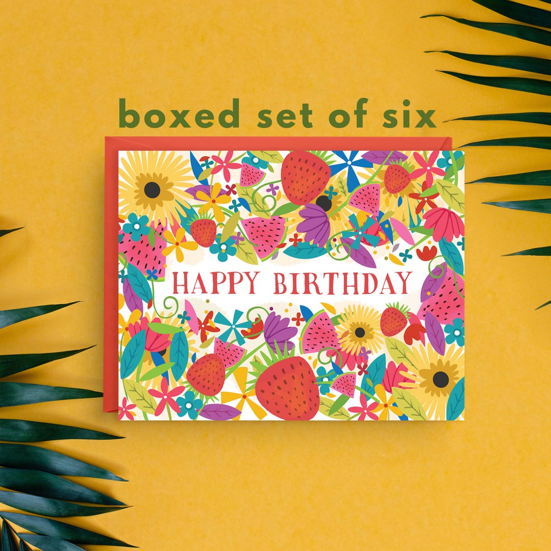 Boxed Set of 6, Happy Birthday Cards, Summer Birthday, Floral Berry ...