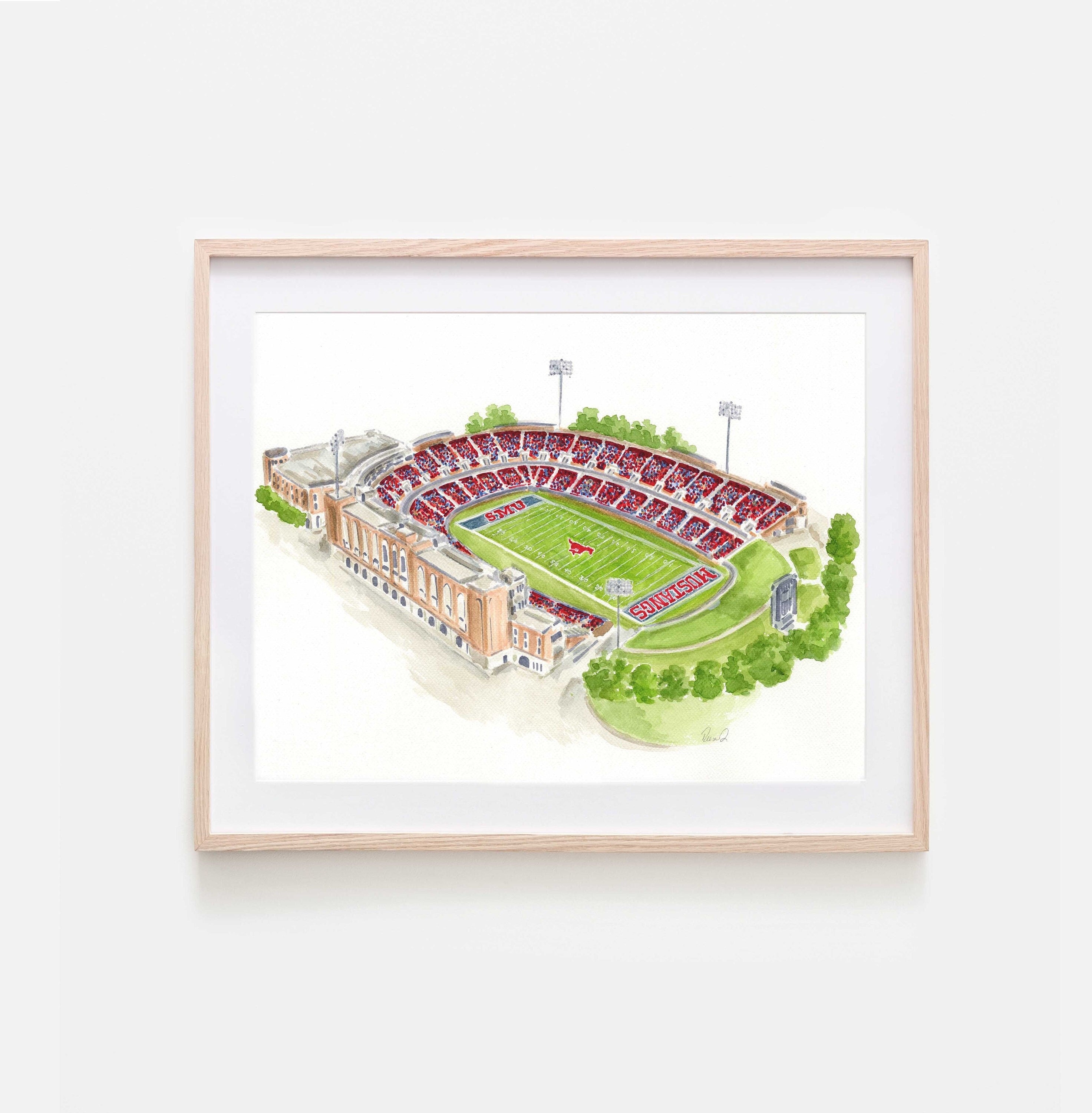 Gerald J. Ford Stadium Watercolor Artwork SMU Mustangs Football Stadium ...