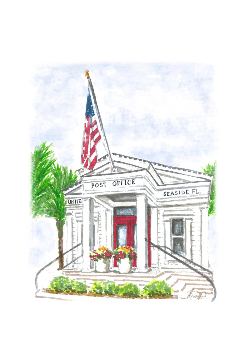 Seaside Florida Post Office Artwork 30A Watercolor Painting of Seaside ...