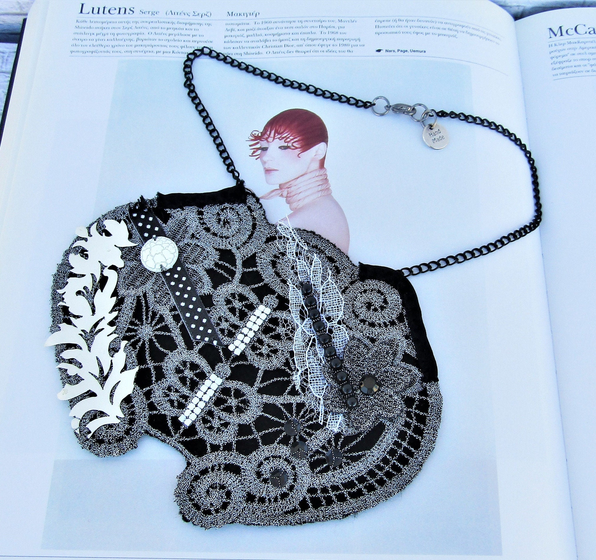 Large Dramatic Fabric Strass Lace Beads Pendant Midnight - Etsy