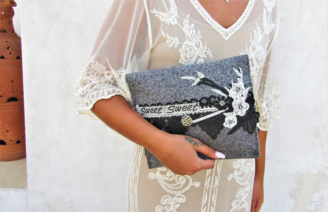 Embroidered Gray Textile Art Clutch, Fold Over Lace Rhistones Large ...