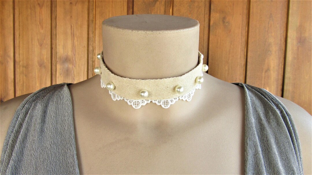 Handmade Lace Choker 'the Krystal' Necklace, Ecru Cotton Pearls ...