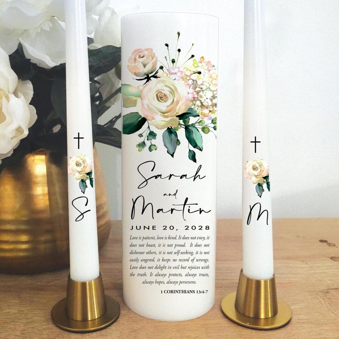 Personalized White Roses Wedding Unity Candle Set With Bible Verse - Etsy