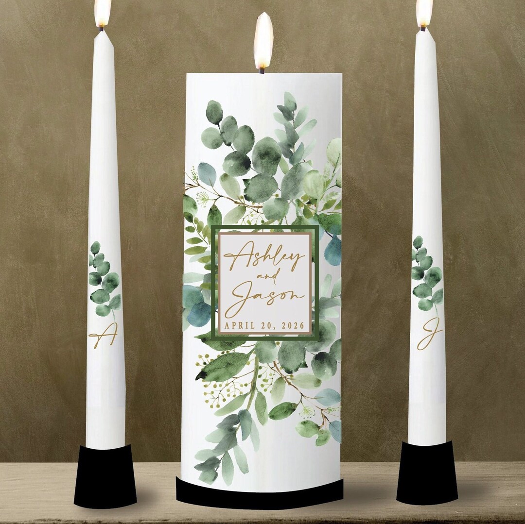 Unity Candle Wedding Set Personalize Watercolor Greenery Eucalyptus ...