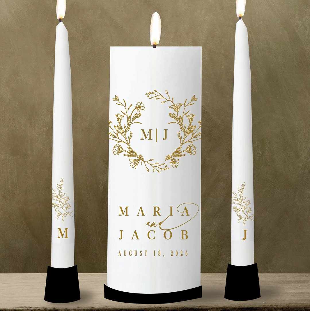 Simple Gold Leaves Wildflower Crest Monogram Unity Candle Set Wedding ...