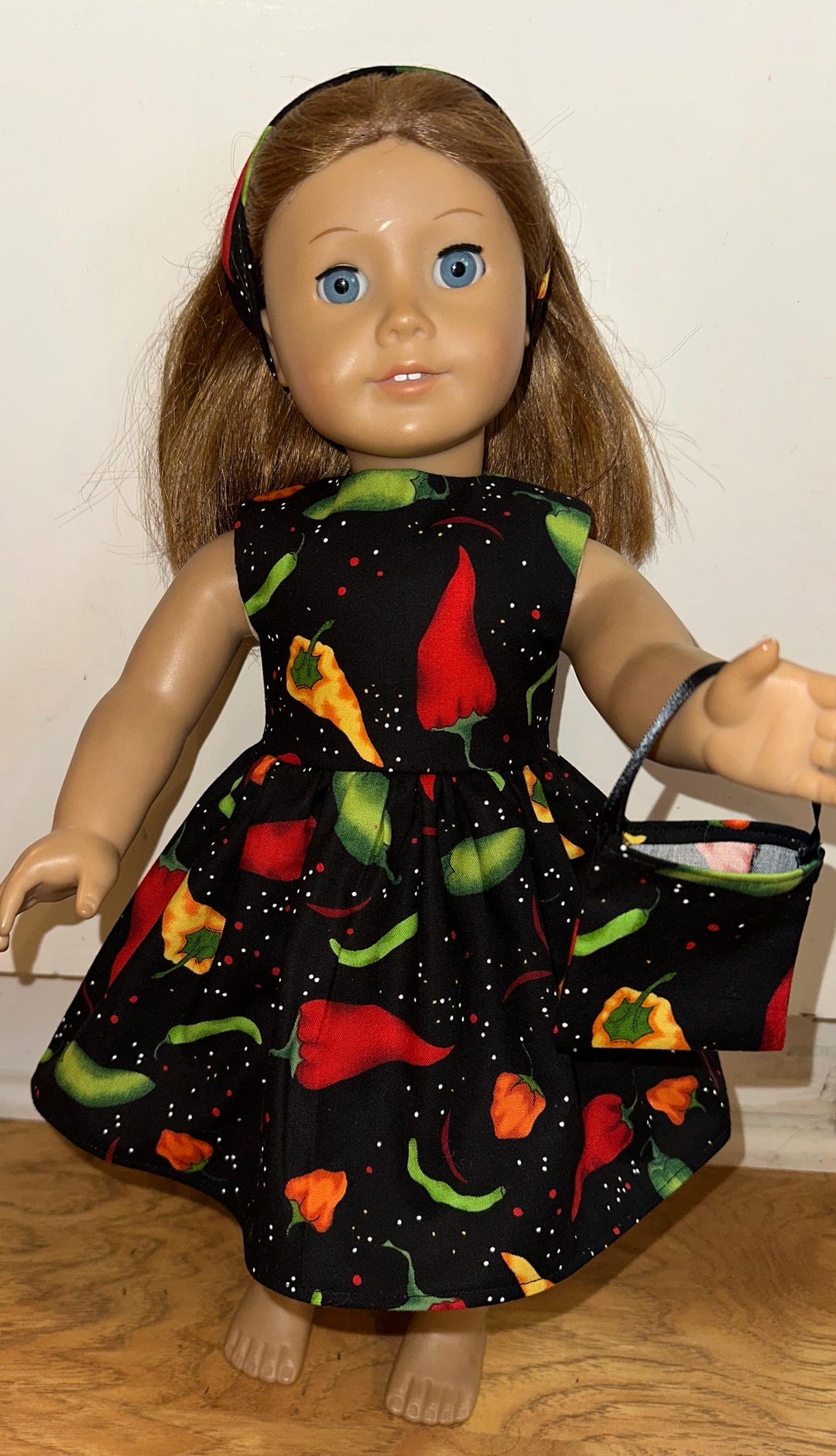 18” Doll Clothes Black Red Chili Pepper Dress With Headband and Purse ...