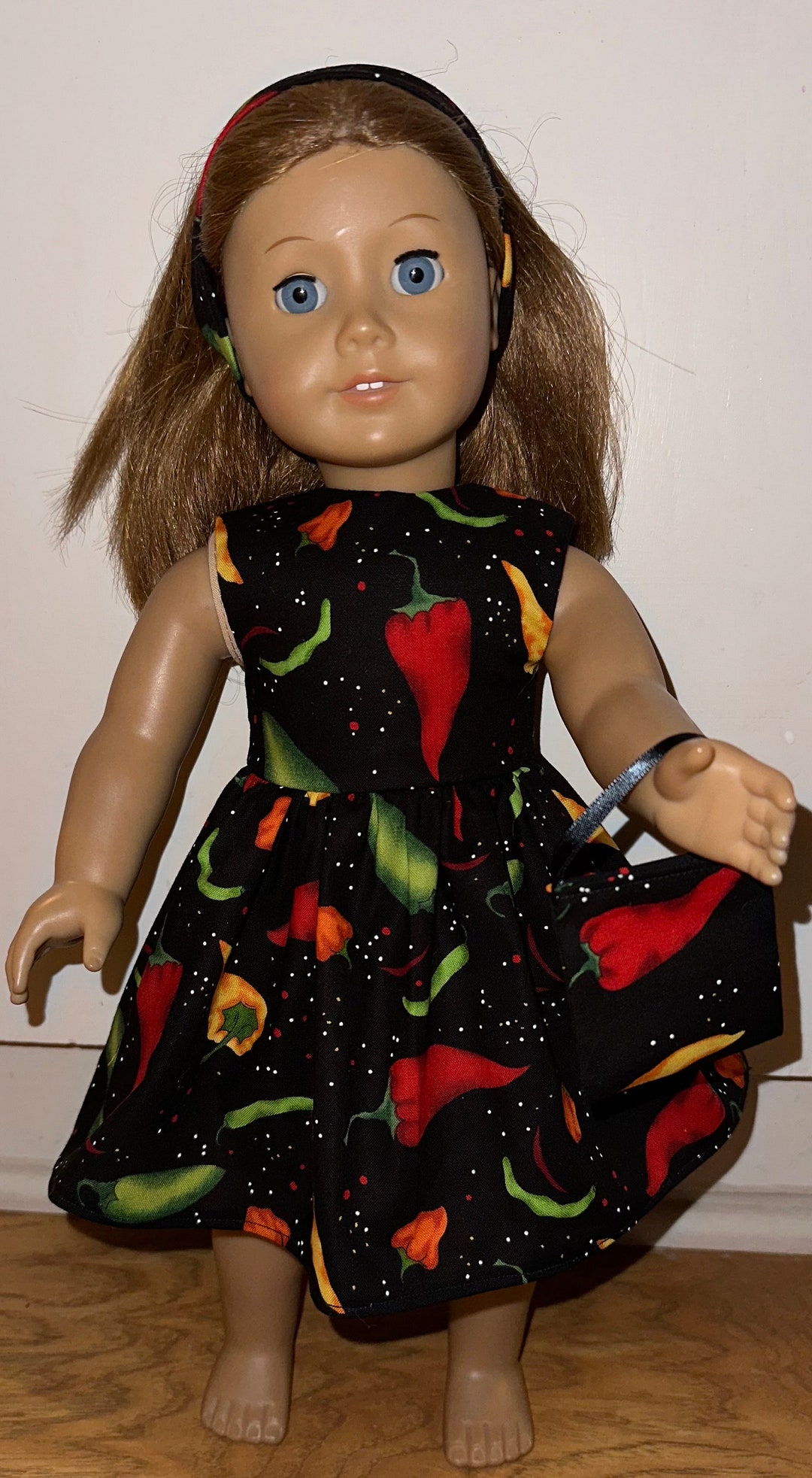 18” Doll Clothes Black Red Chili Pepper Dress With Headband and Purse ...