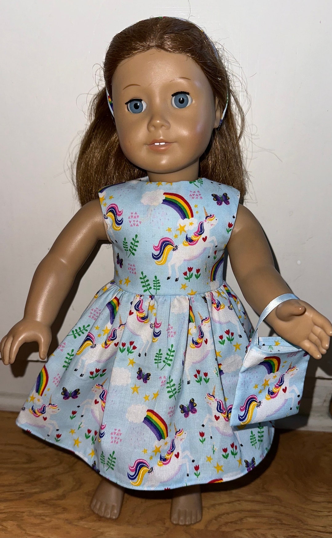 Unicorn Rainbow Light Blue Doll Dress for 18 Inch Dolls With Matching ...