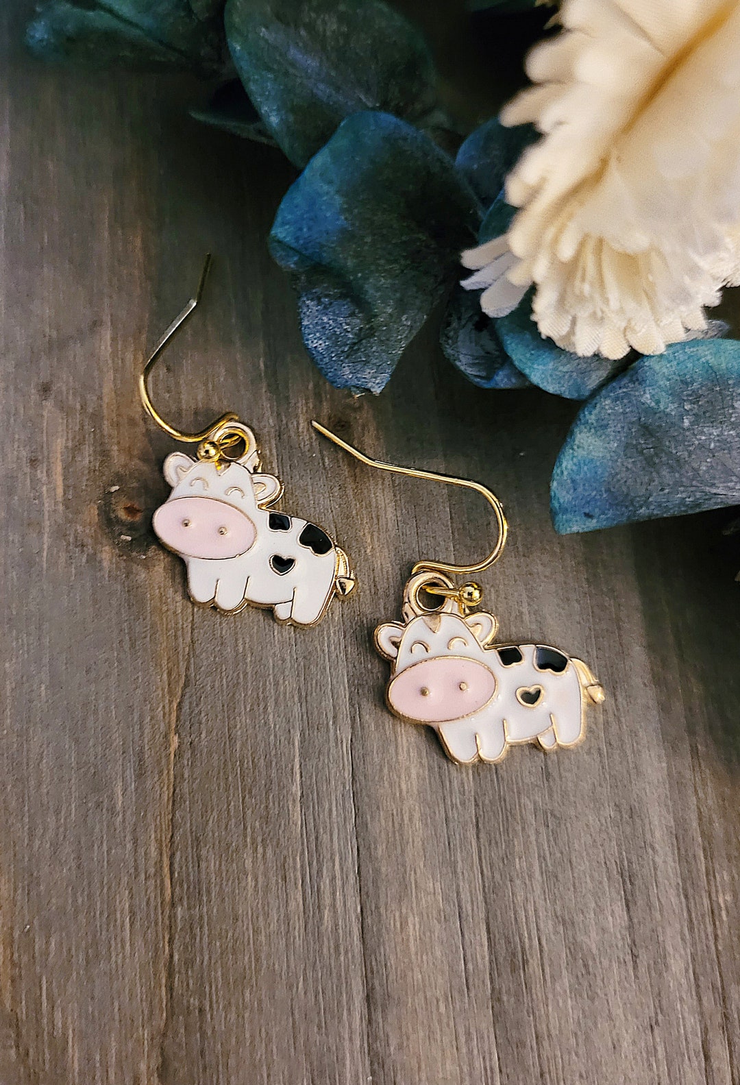 Cow Earrings, Gold Tone Cow Earrings, Cow Love Gift, Black White Cow ...