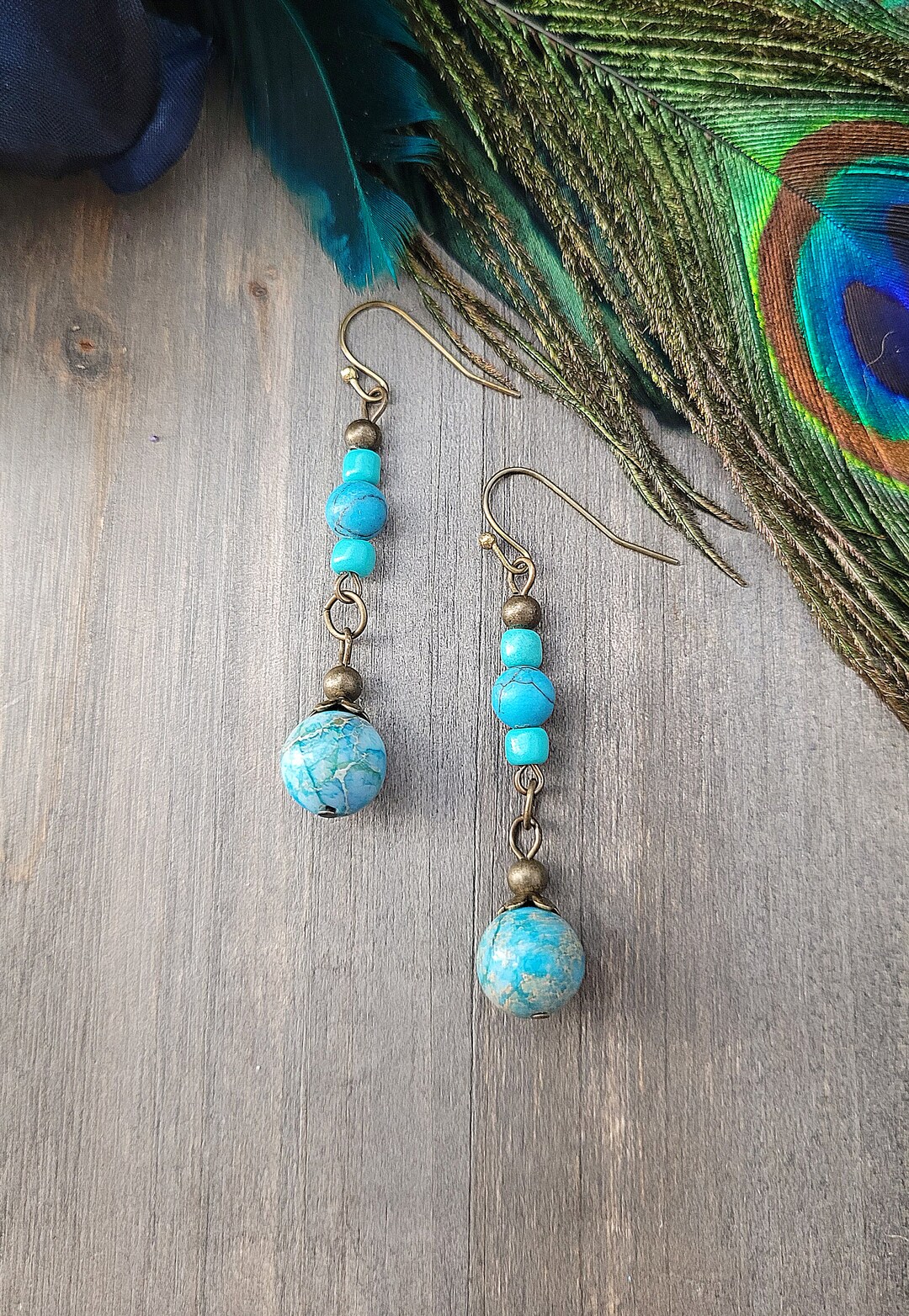 Turquoise Blue Imperial Jasper and Antiqued Bronze Earrings - Unique ...