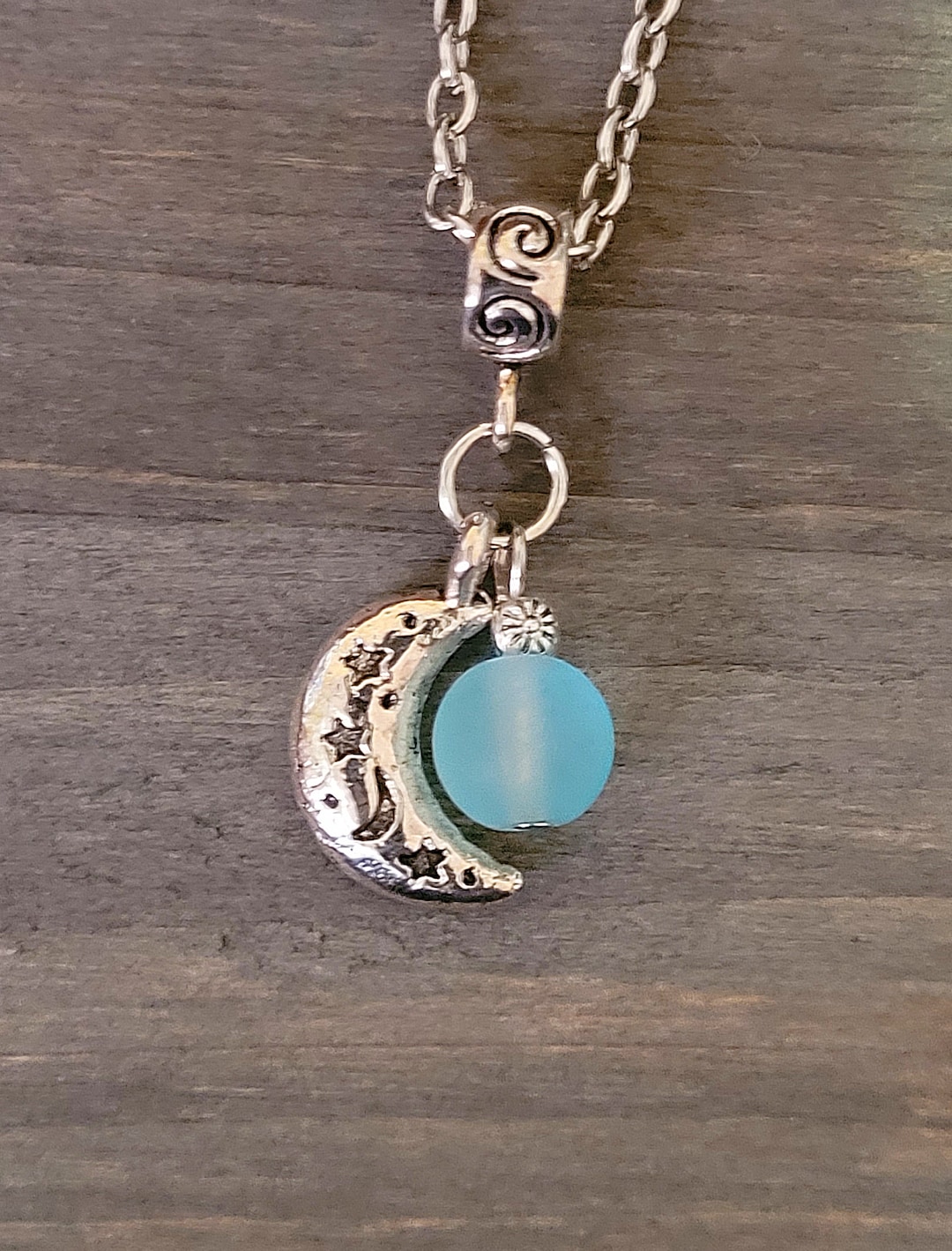 Crescent Moon Necklace Turquoise Sea Glass Pendant Boho Gift Mystical ...