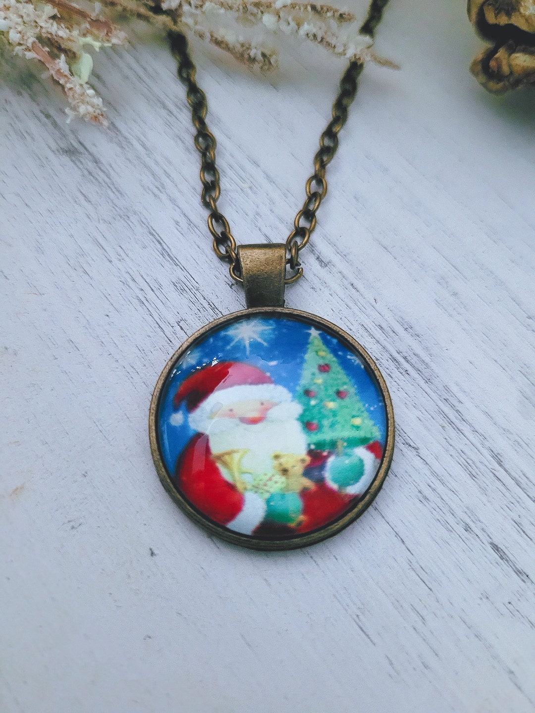 Santa Necklace, Antiqued Bronze Santa Claus Pendant Necklace, Unique ...