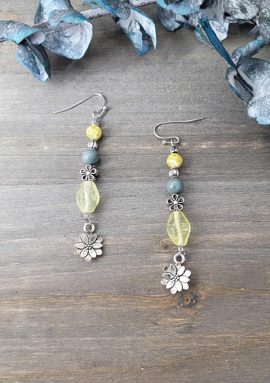 Jasper & Yellow Turquoise Lotus Flower Boho Earrings - Beaded Lime and ...