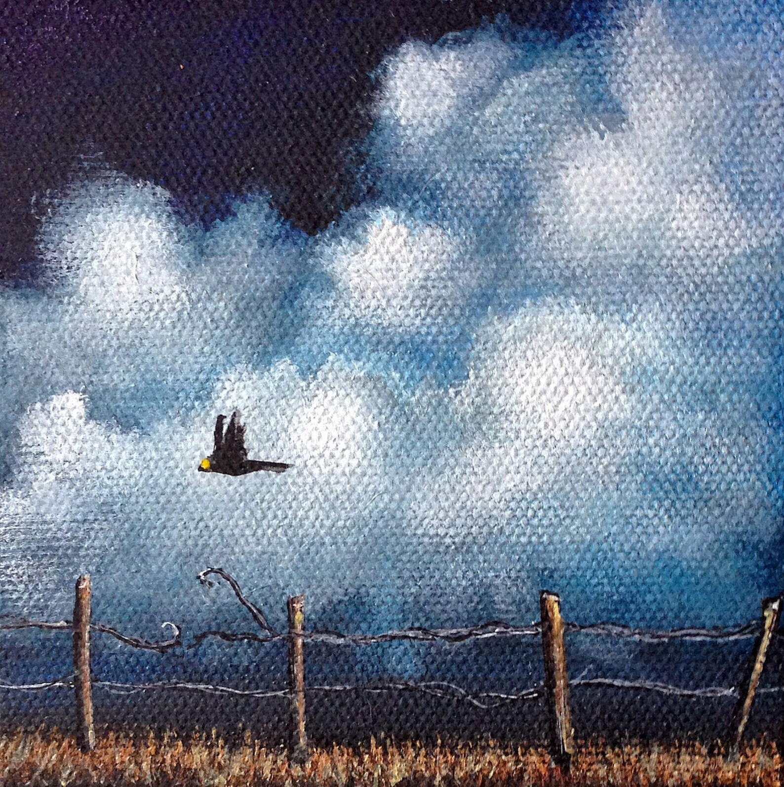 Custom Hand Painted Miniature Acrylic Painting of Crow Flying Over ...