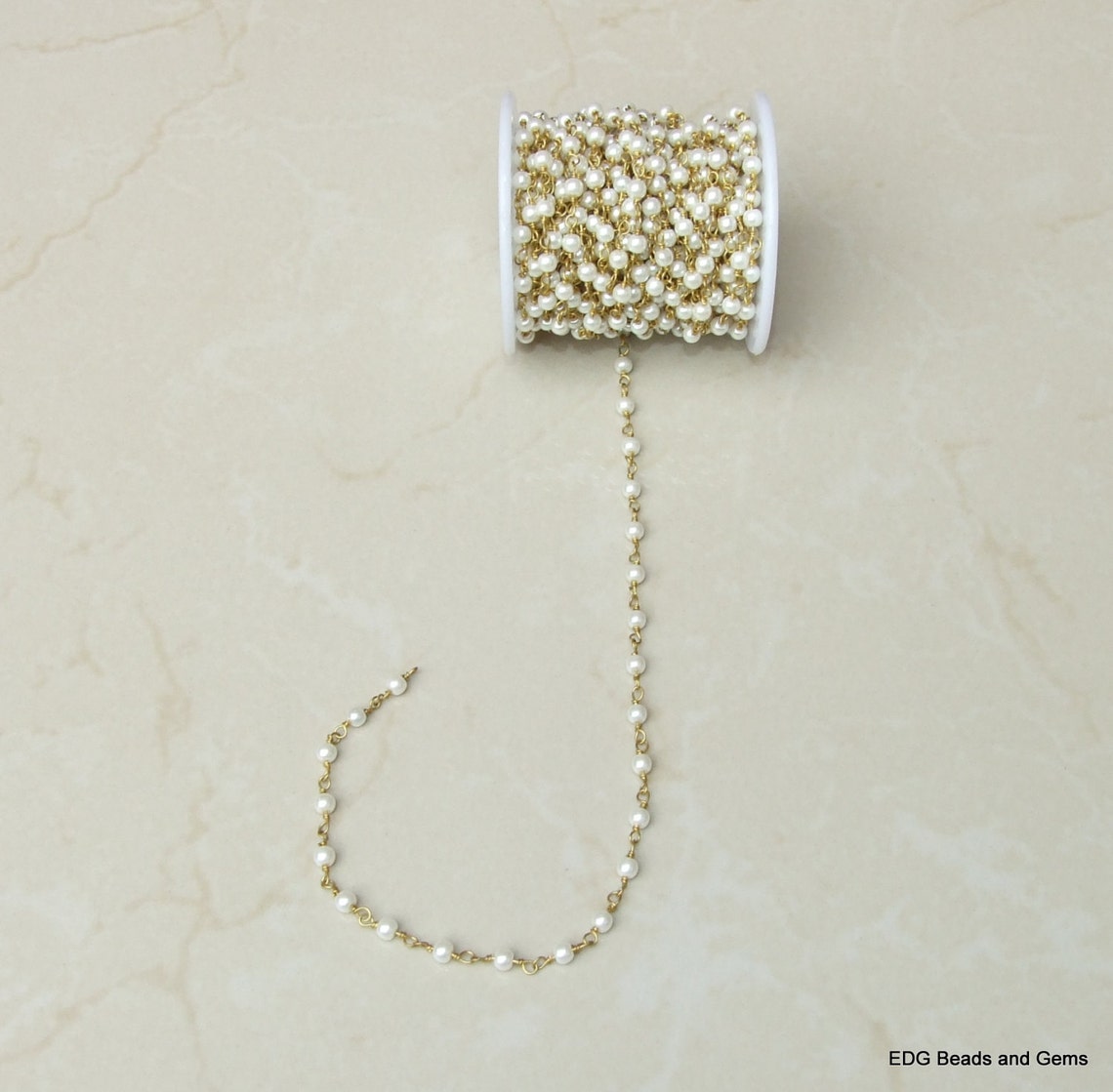 White Glass Pearl Rosary Chain, Bulk Chain, Rondelle Glass Beads ...