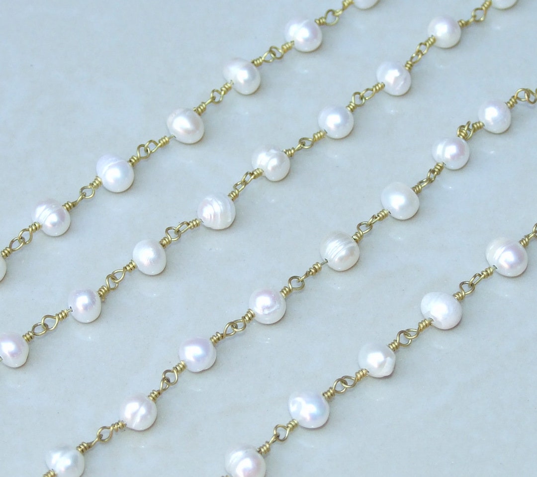 White Freshwater Pearl Rosary Chain, 18k, Wire Wrapped Chain, Natural ...