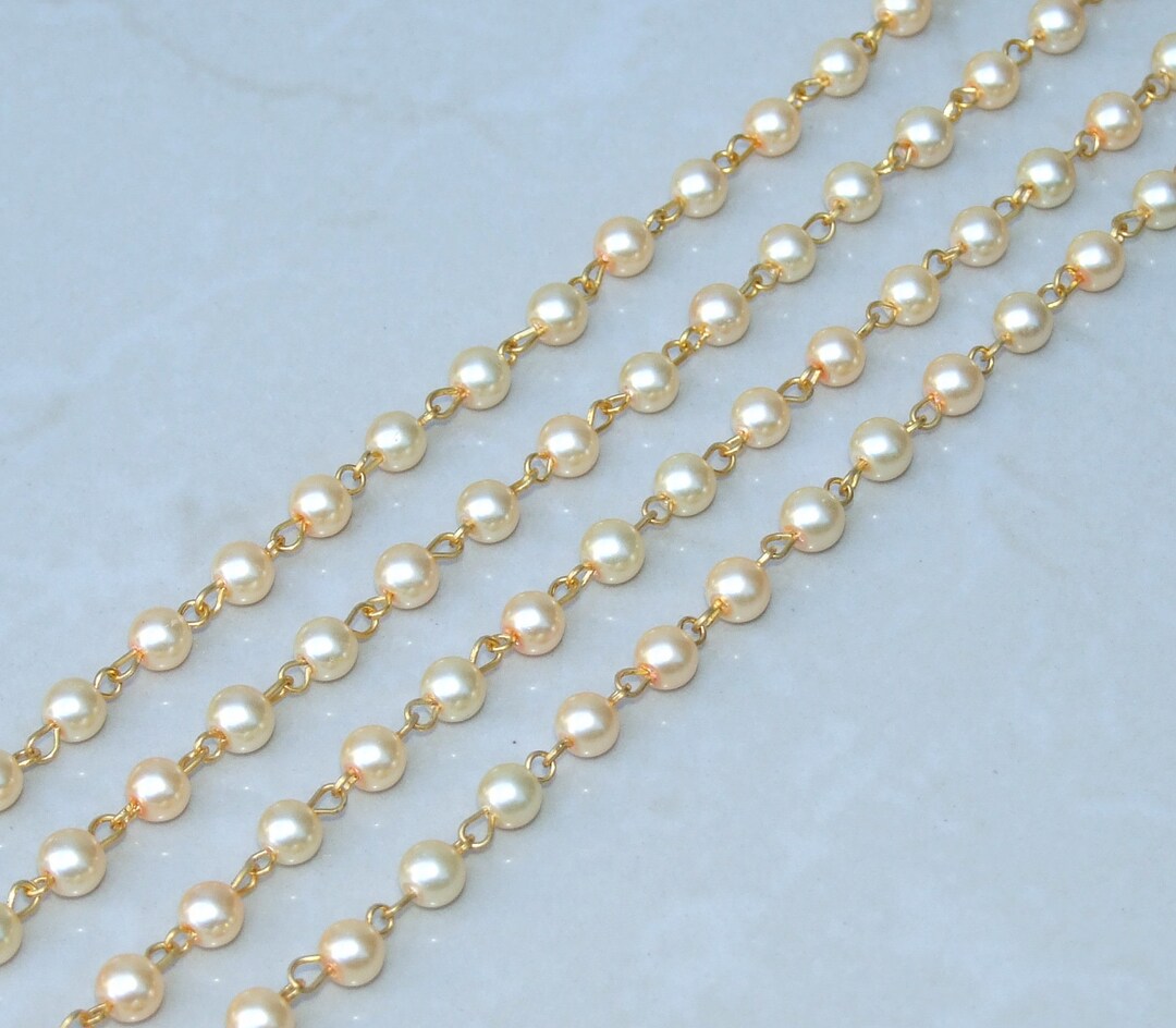 Gold Pearl Rosary Chain, 1 Meter, Bulk Chain, Round Glass Beads, Beaded ...