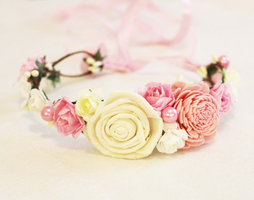 Flower Crown, Pink, Blush and Cream Flower Crown, Flower Wedding Crown ...