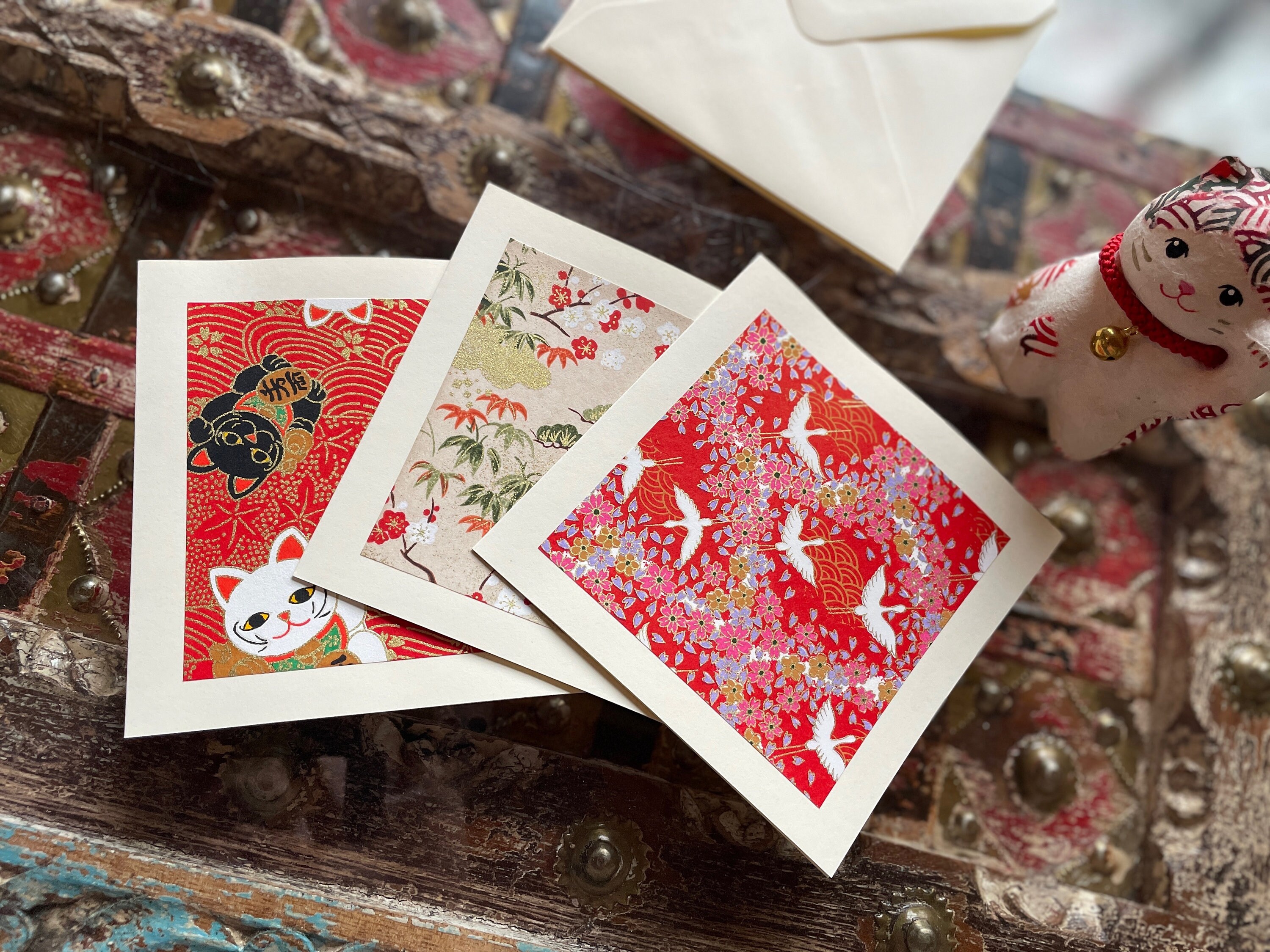 Japanese Paper Greeting Cards, Set of 3, Double Card and Envelope ...