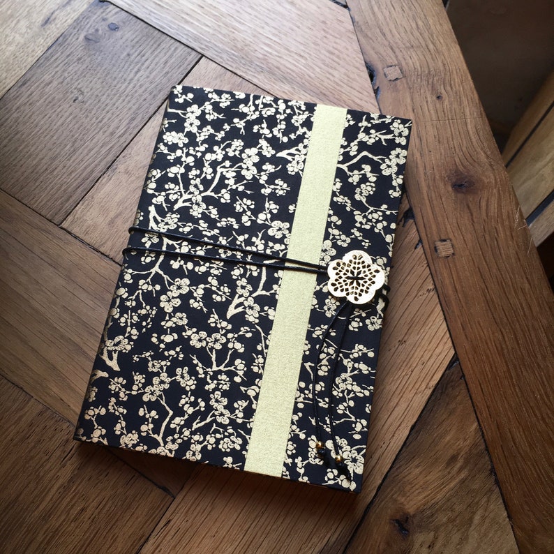 Blank or Lined Notebook on Japanese Washi Paper, Black and Gold Sakura ...