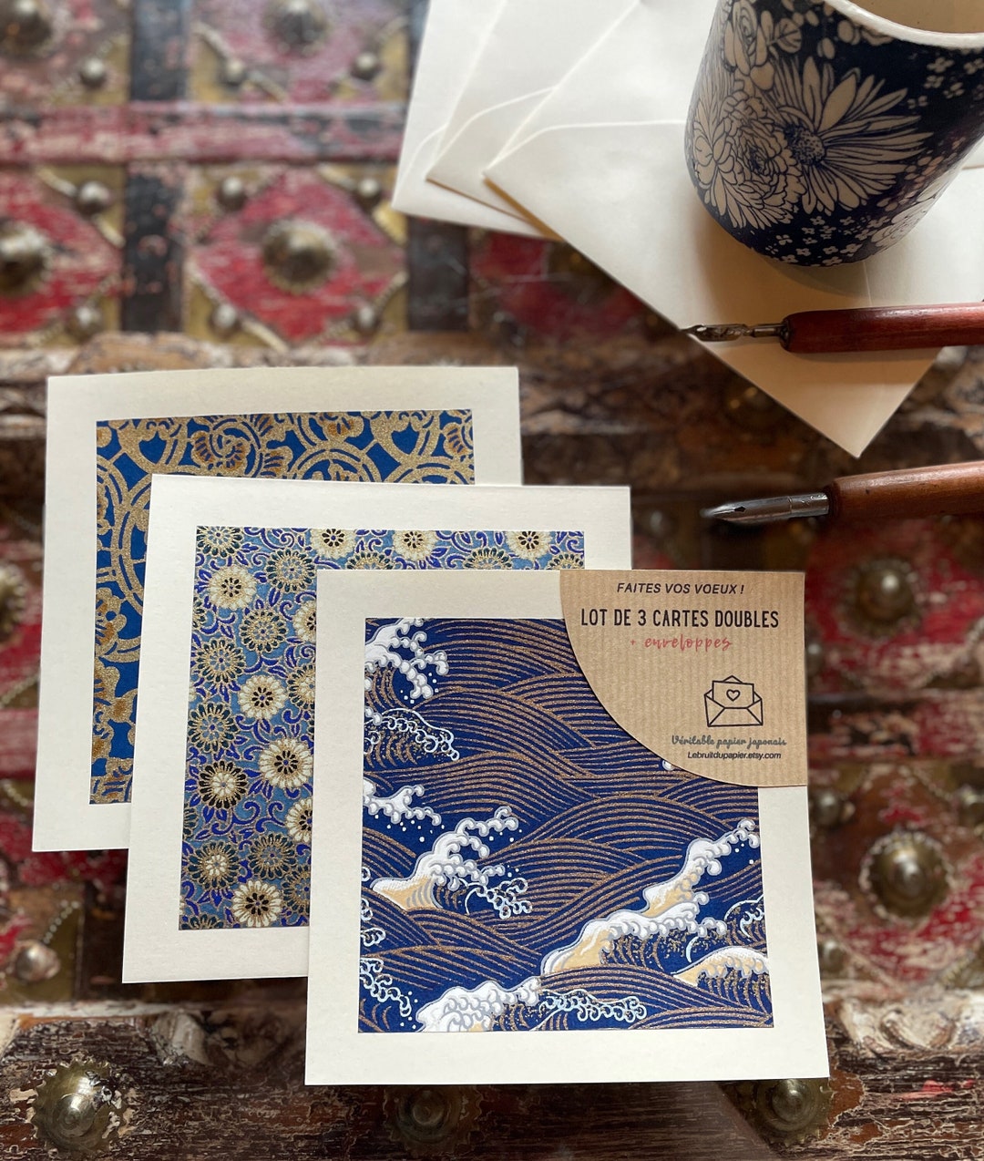 Japanese Paper Greeting Cards, Set of 3 Folded Cards and Envelopes ...