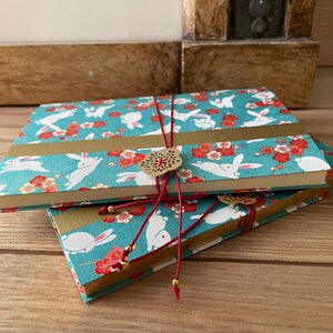 Secret Notebook in Blue Japanese Paper, Turquoise Kawaii Rabbits, Gold ...