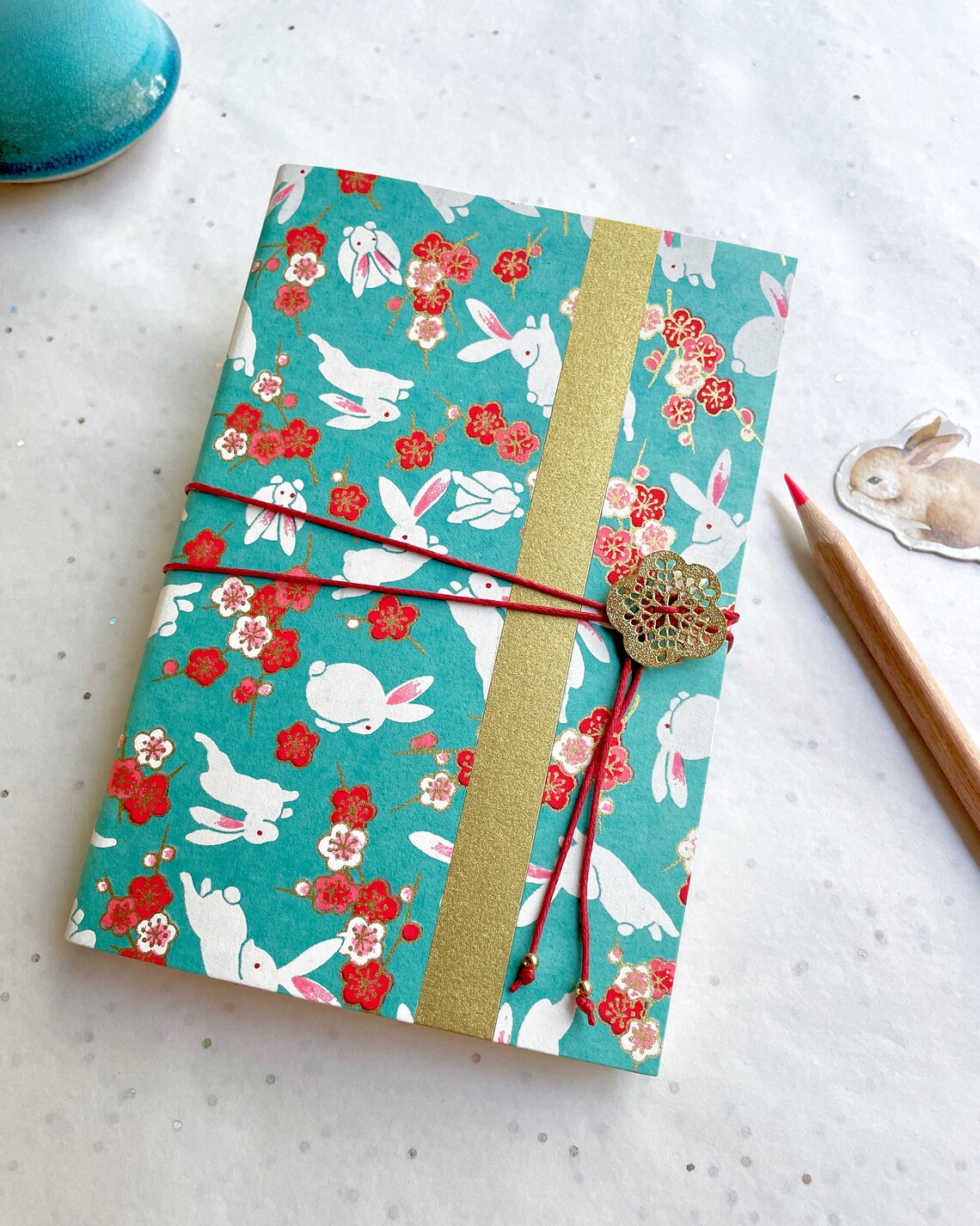 Secret Notebook in Blue Japanese Paper, Turquoise Kawaii Rabbits, Gold ...
