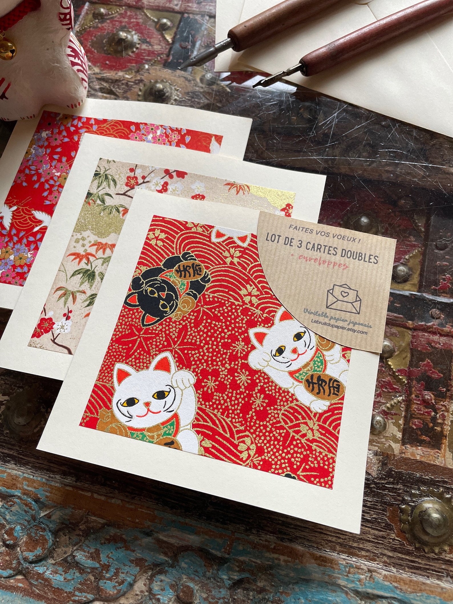 Japanese Paper Greeting Cards, Set of 3, Double Card and Envelope ...