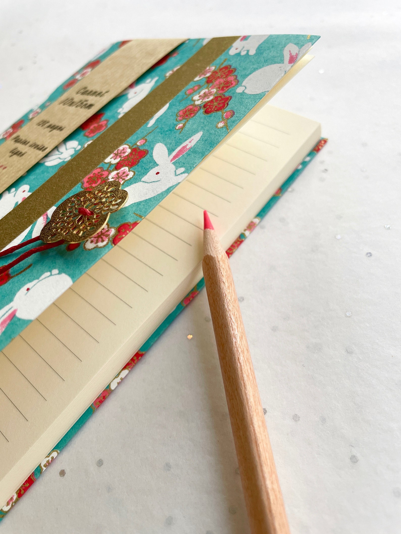 Secret Notebook in Blue Japanese Paper, Turquoise Kawaii Rabbits, Gold ...