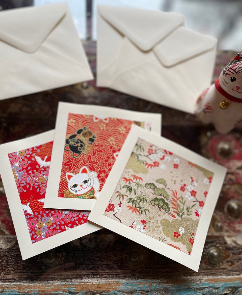 Japanese Paper Greeting Cards, Set of 3, Double Card and Envelope ...