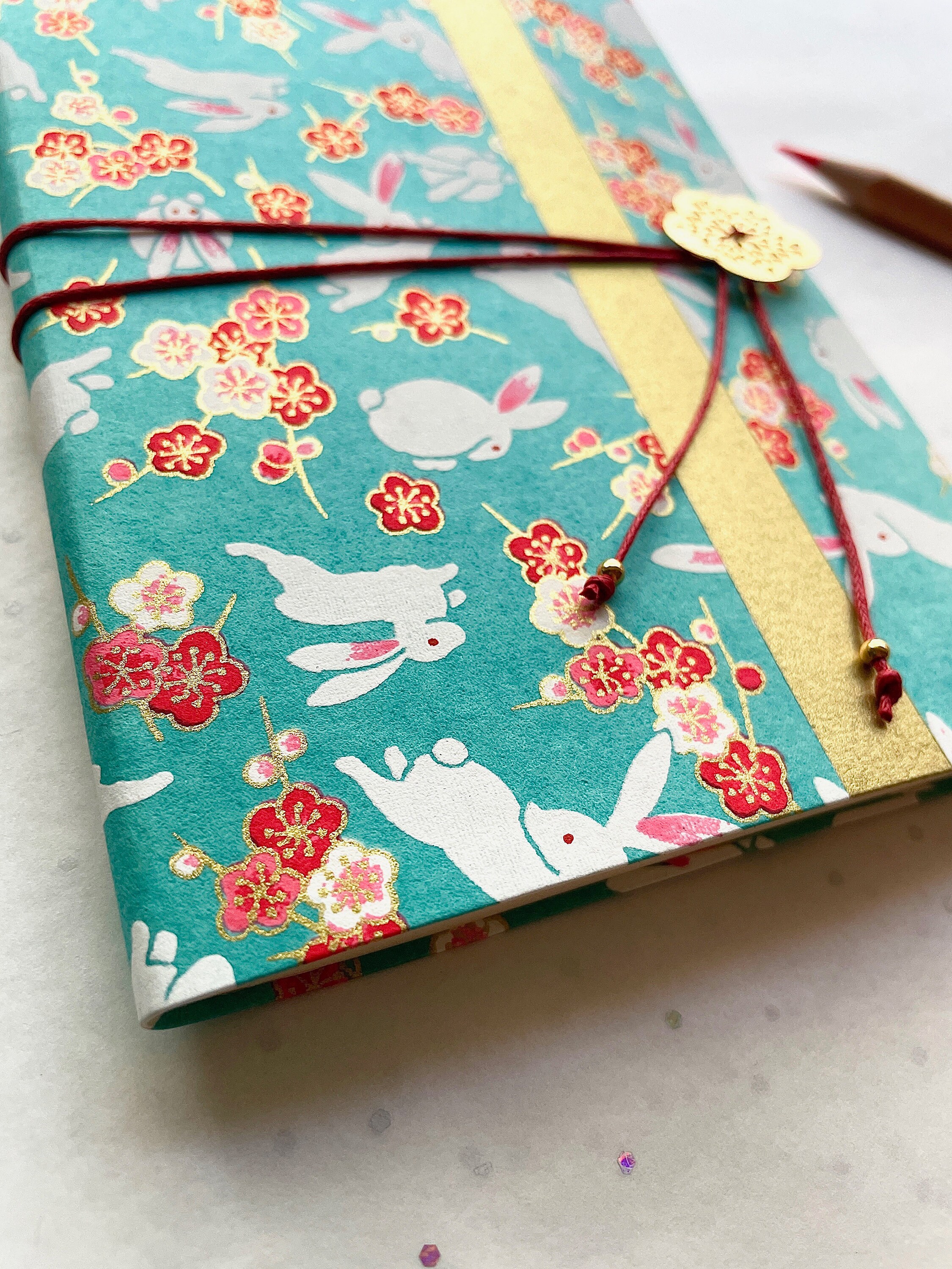 Secret Notebook in Blue Japanese Paper, Turquoise Kawaii Rabbits, Gold ...