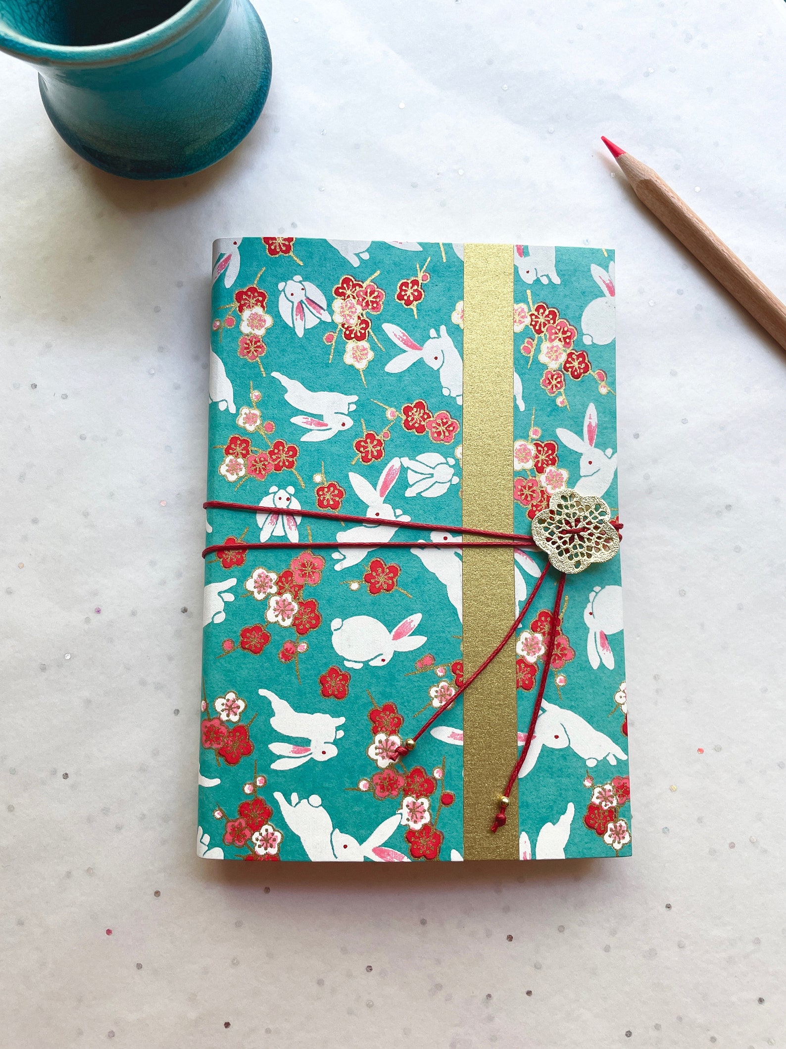 Secret Notebook in Blue Japanese Paper, Turquoise Kawaii Rabbits, Gold ...