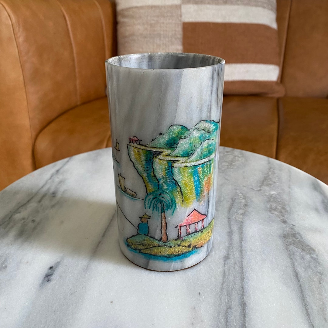 Vintage Asian Design Vase Stone Etch Neon Design Fisherman - Etsy