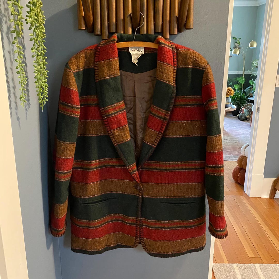 Vintage Western Colorful Striped Wool Blanket Jacket - Wool Blazer - Colorful Chore Coat Striped ...