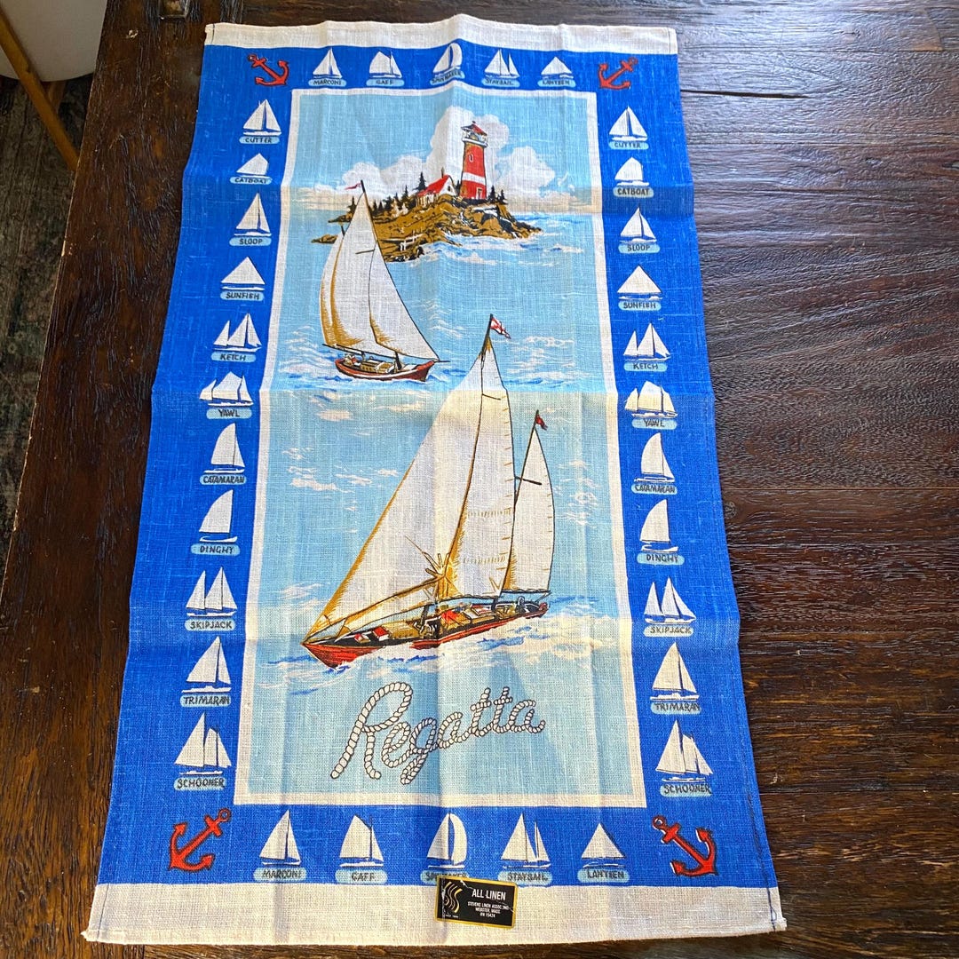 Vintage Mid Century Stevens All Linen Tea Towel Blue Nautical Regatta ...