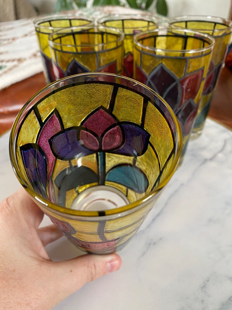 Vintage MCM Drinking Glasses Set of 6 Floral Stained Glass - Etsy