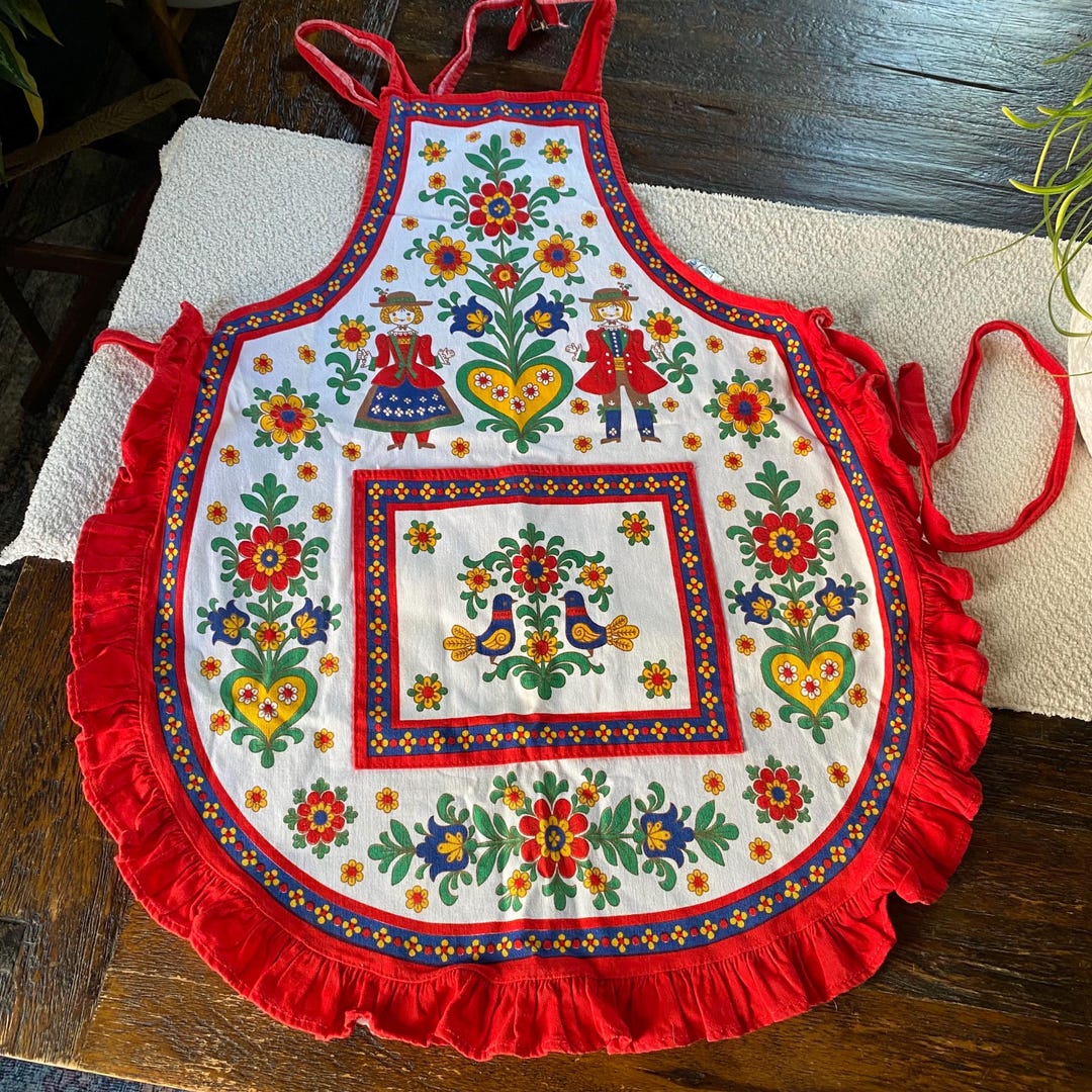Vintage Kolf Austrian Folk Art Apron, Large Pocket, 100% Cotton, Red ...