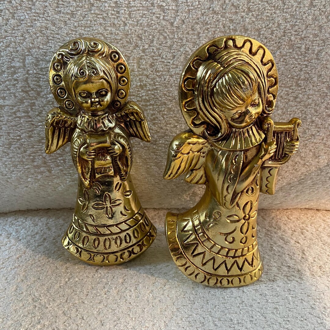 Vintage MCM Christmas Decor Angels PAIR Gold Mid Century Decorations 9 ...