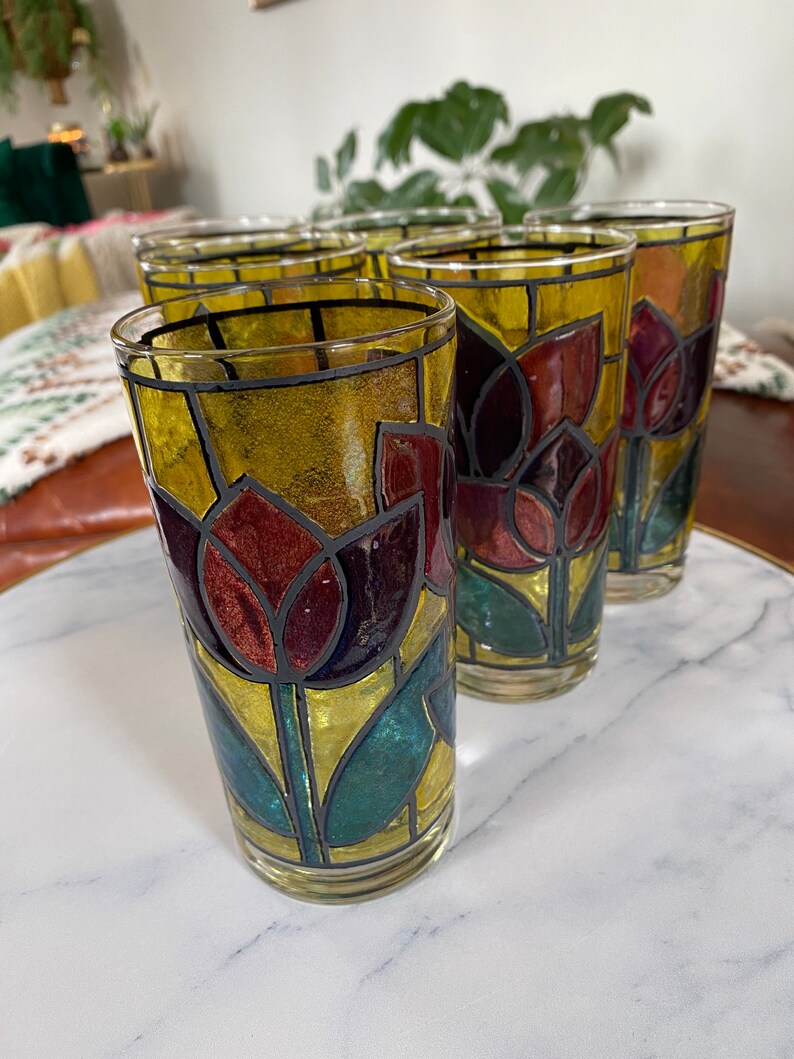Vintage MCM Drinking Glasses Set of 6 Floral Stained Glass - Etsy