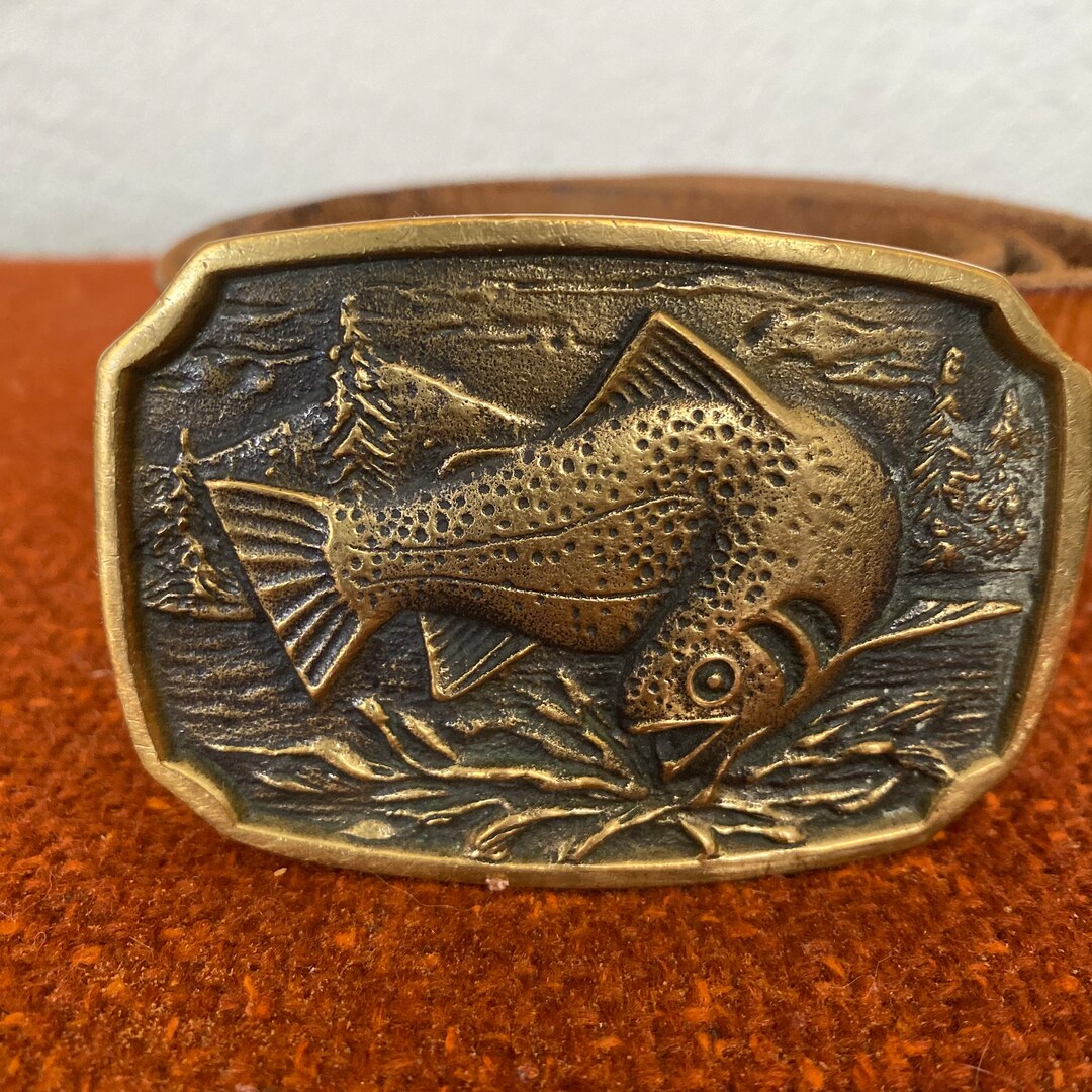 Vintage Leather Belt W/ Brass Buckle Fish -fly Fishing Outdoor - Fish ...