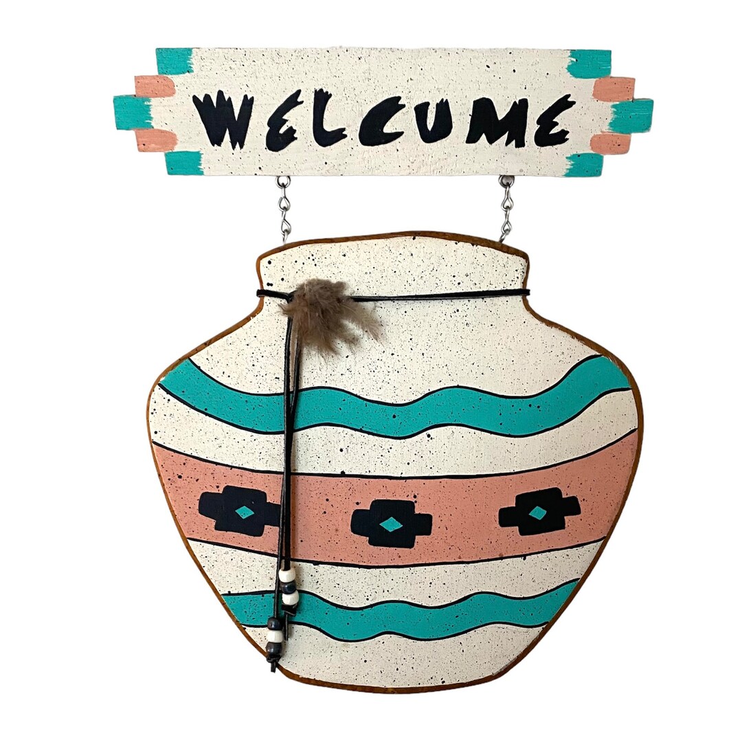 Vintage 90s Southwestern Welcome Sign Handmade Hand Painted Feathers ...