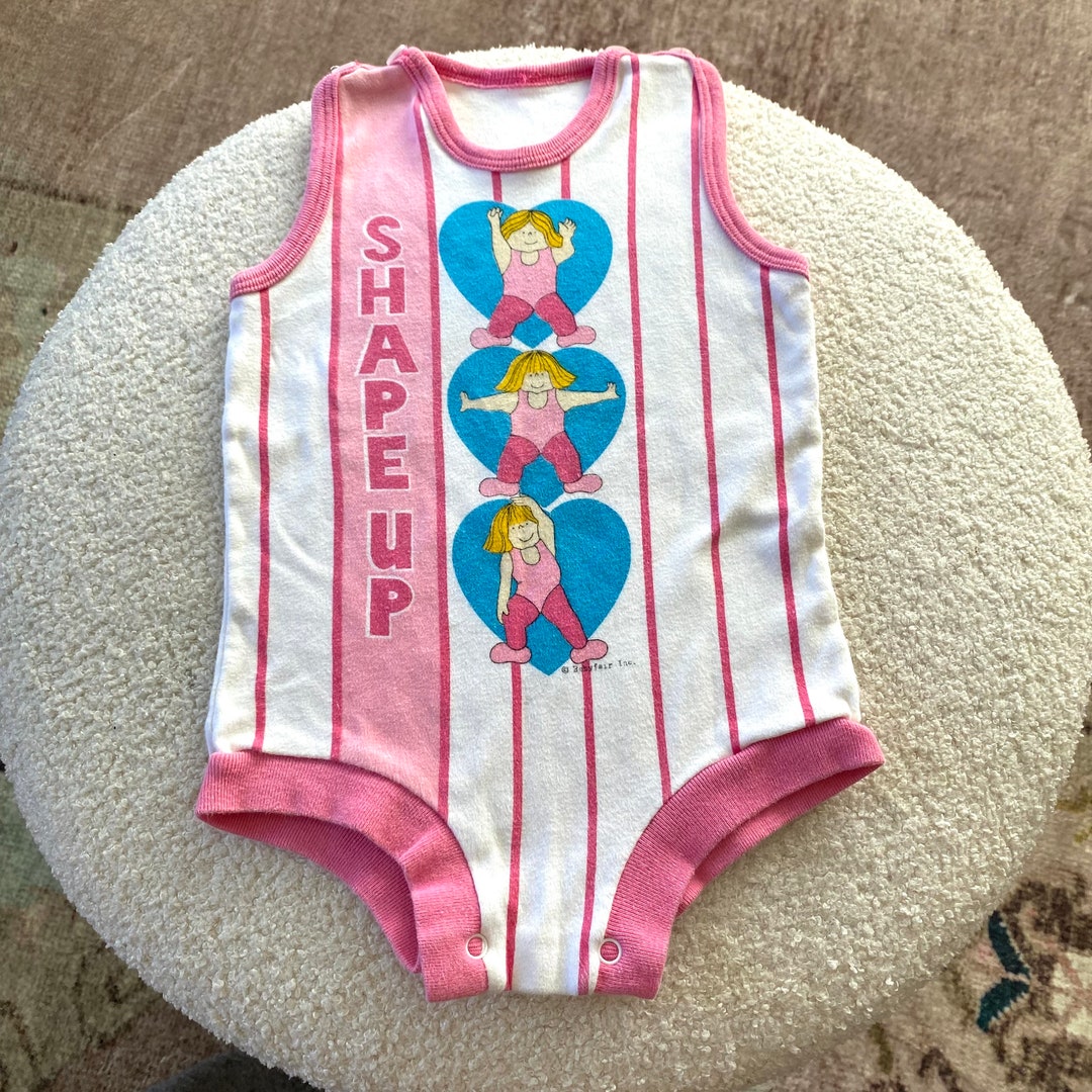 Vintage 80s 90s Baby Toddler Girl One Piece Bodysuit Pink Striped Shape ...