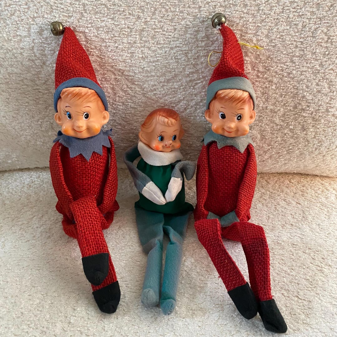 Vintage MCM Pixie Knee Hugger Elves Set of 3 Christmas Kitsch Burlap ...